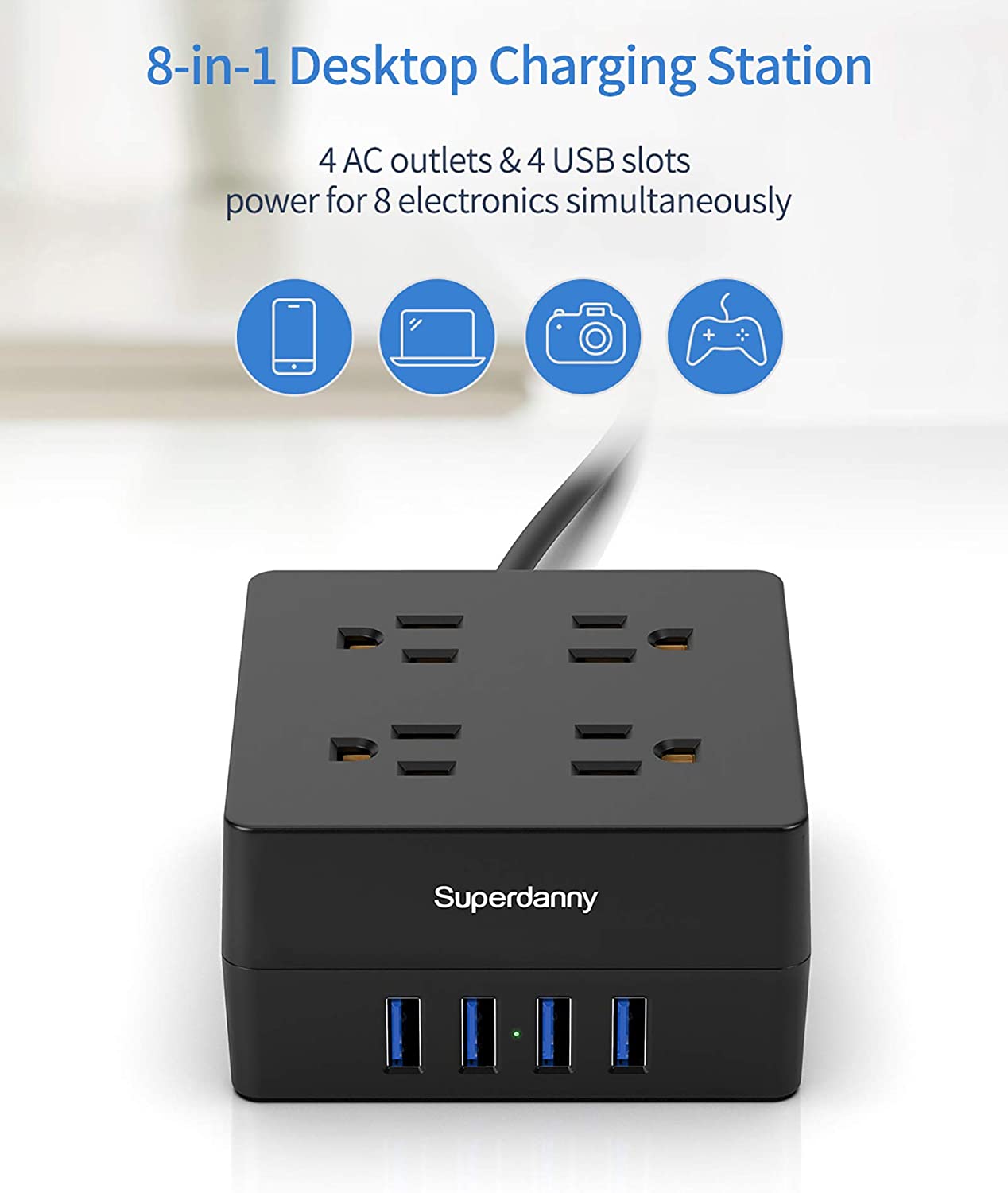 SUPERDANNY 4 Outlets & 4 USBs, Power Strip Surge Protector 5 Ft Extens